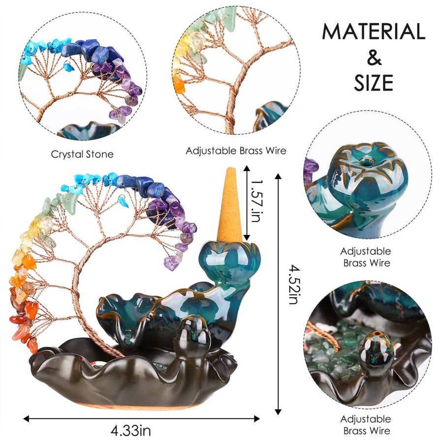 Backflow Incense Burner Ceramic Incense Waterfall 7 Chakras Crystal ...