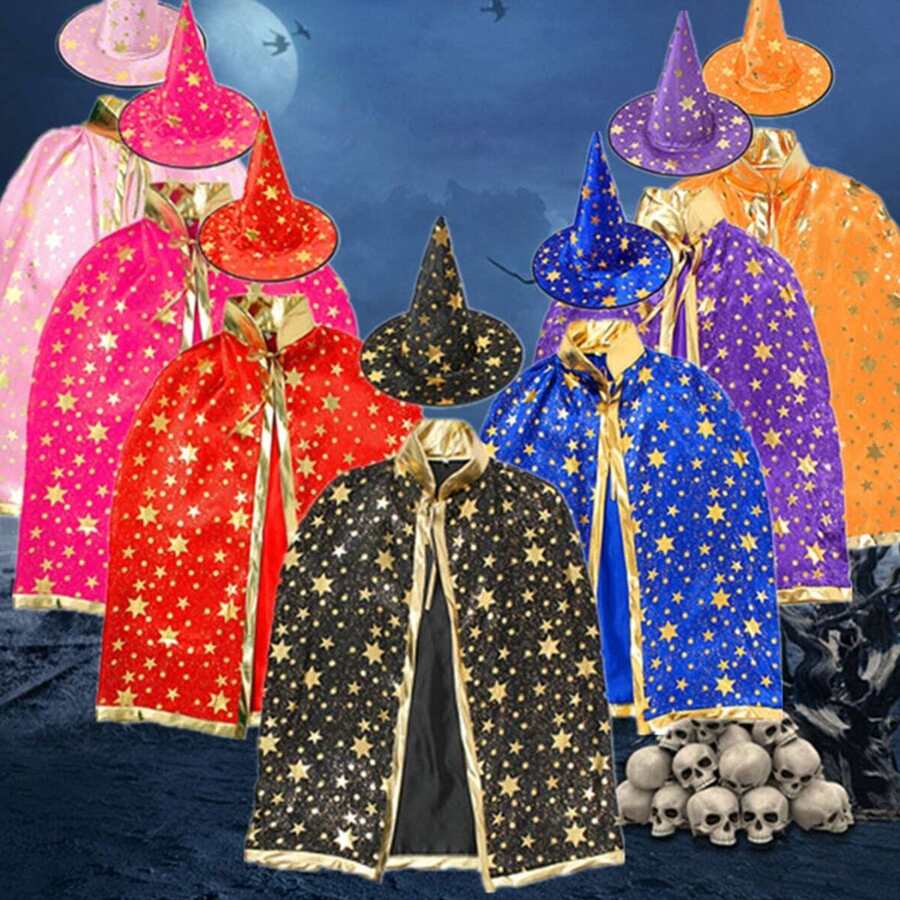 Halloween Costume Cape Cloak & Hat Set For Kids, Polyester Fabric ...