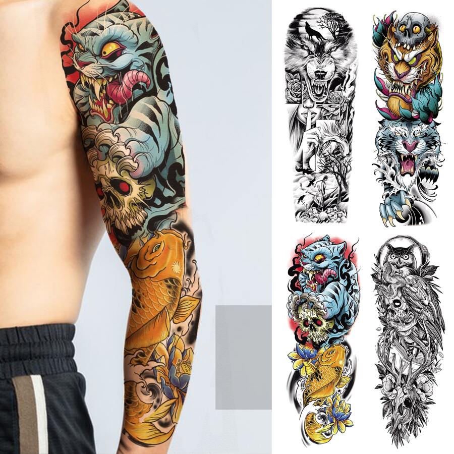 4 Full Arm Dazzling Tiger Temporary Tattoos Sleeve Tattoos Waterproof ...