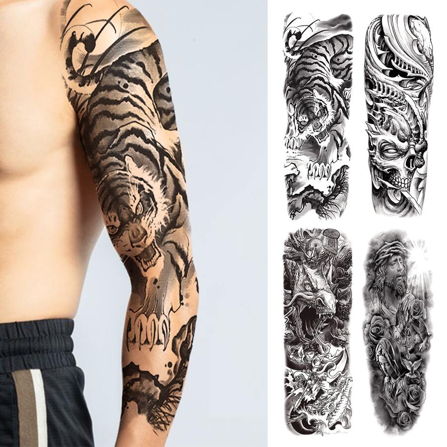 4 Full Arm Dazzling Tiger Dragon Temporary Tattoos Sleeve Tattoos ...
