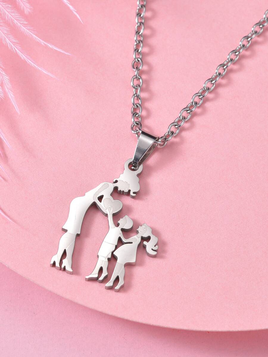 1pc Simple Stainless Steel Cut-out Mother & Child Pendant Necklace For ...
