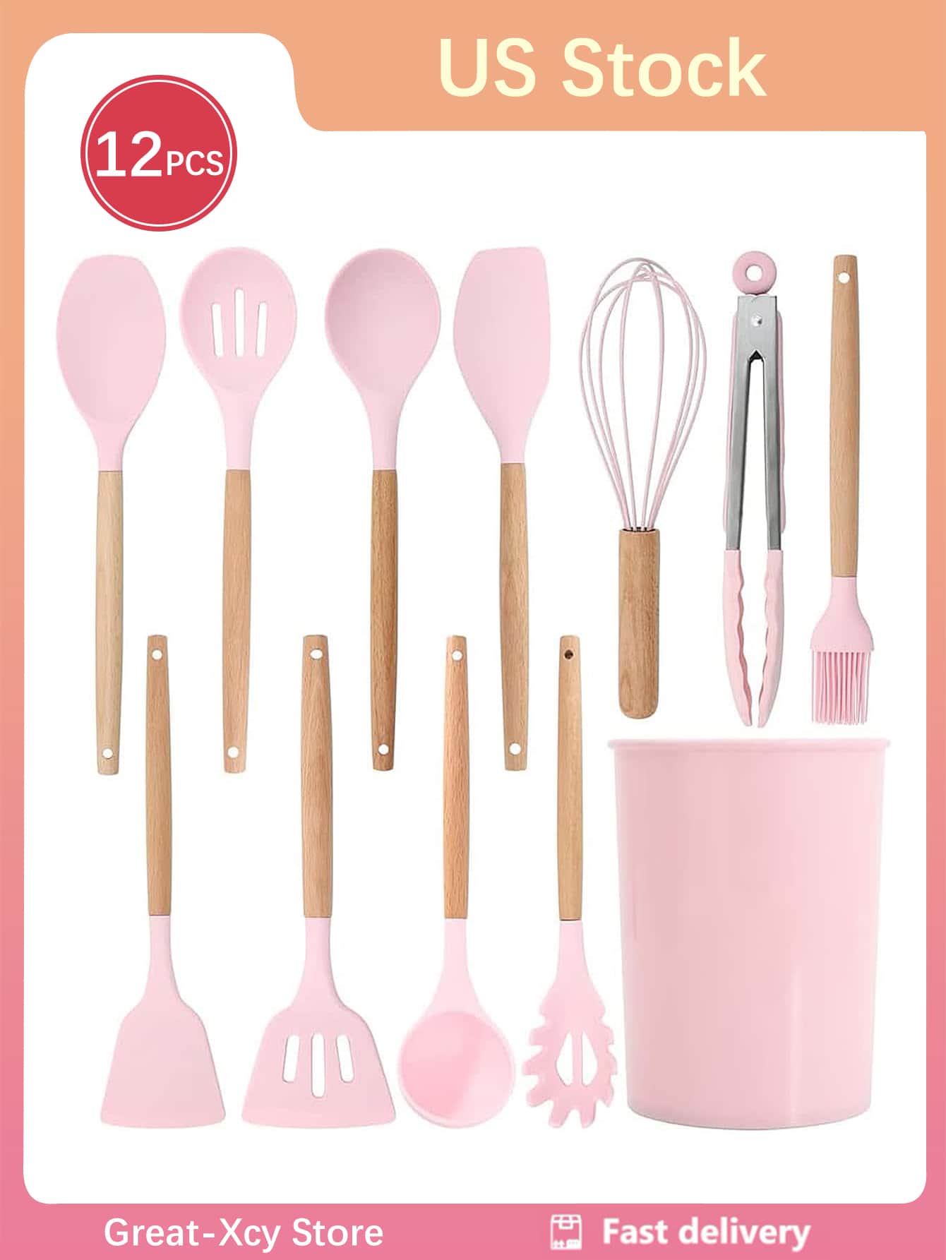 12pcs Wooden Handle Silicone Kitchen Utensils Set, Non-stick Cookware ...