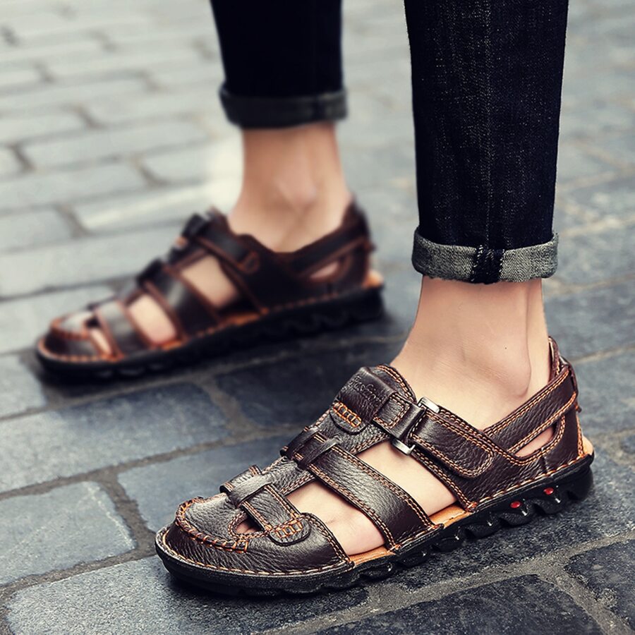 Mens Summer Casual Closed Toe Leather Sandals Outdoor Fisherman ...