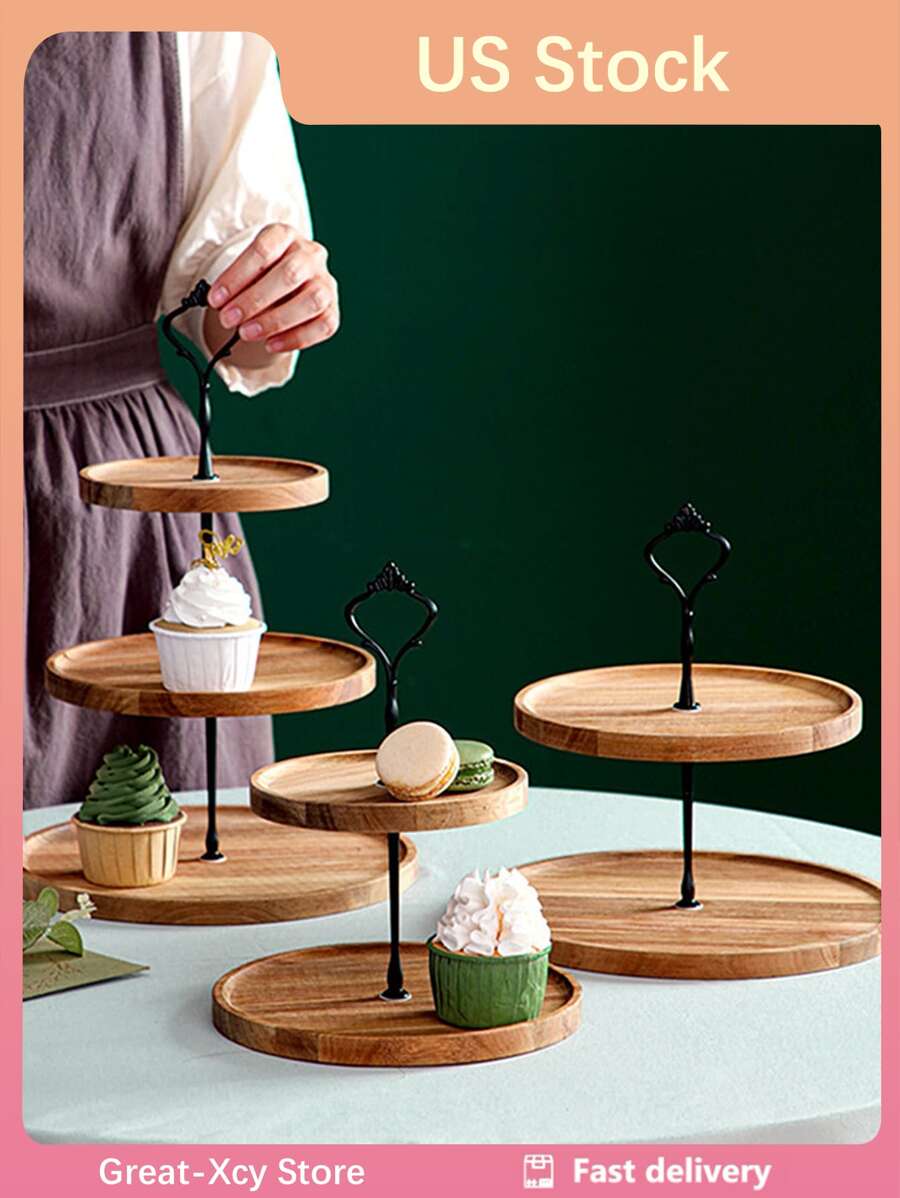 1pc Multilayer Paper Cupcake Stand With Acacia Wood Serving Tray For ...