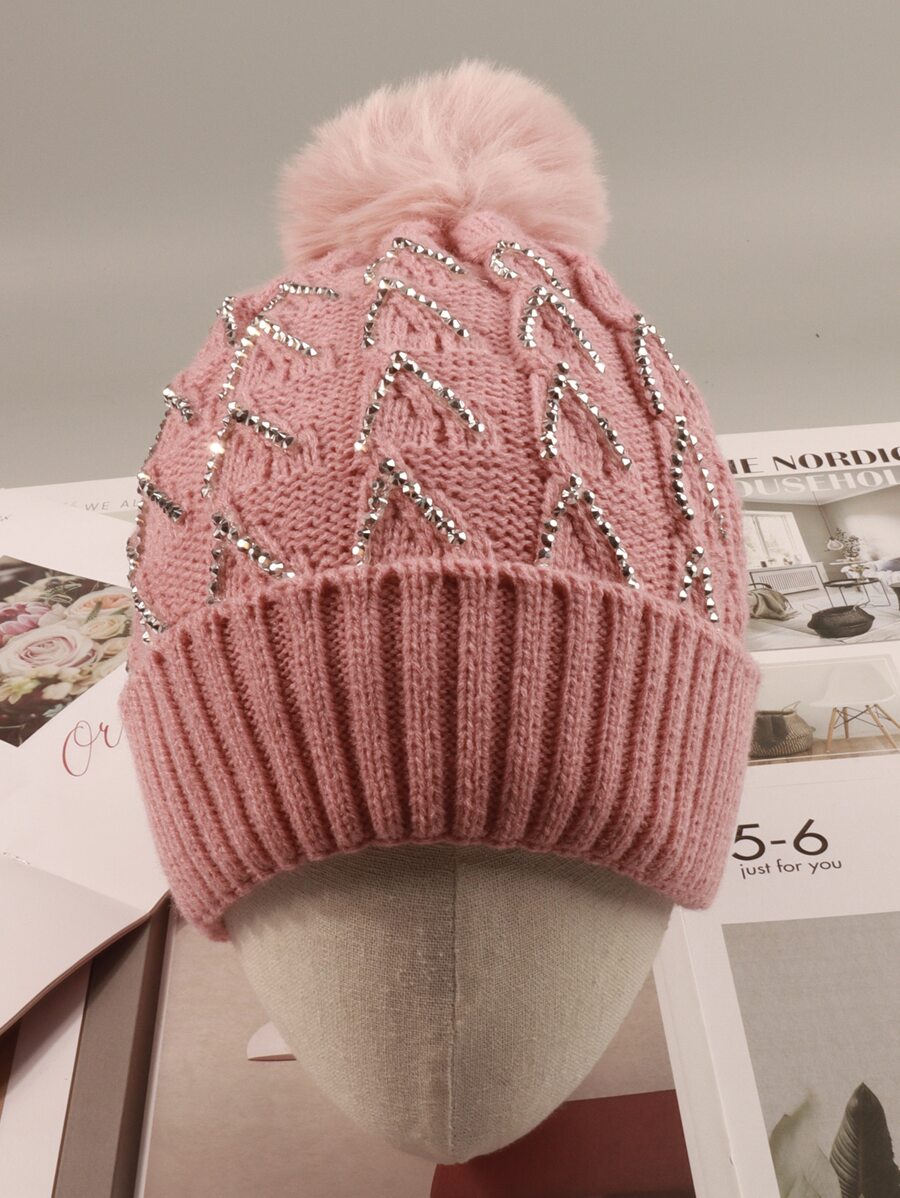 Women's Knitted Hat With Pom-pom And Rhinestone Detail | SHEIN USA