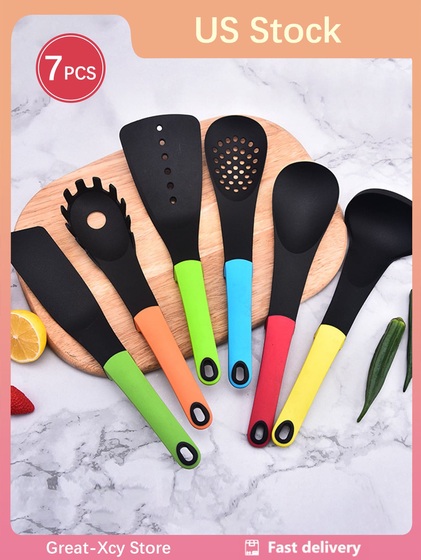 Nylon Kitchenware 7-Piece Set Color Handle Non-stick Pan Cooking Spoon ...