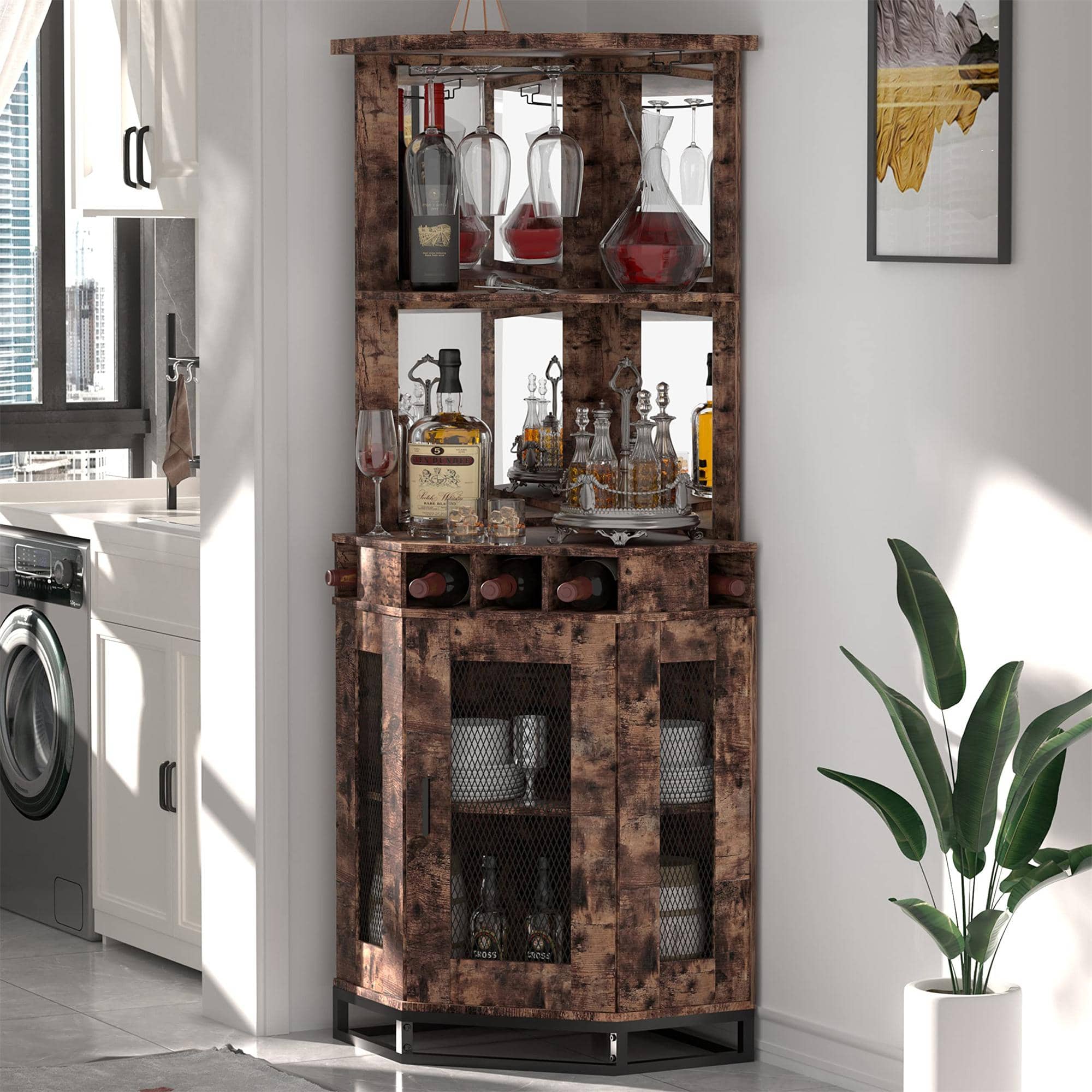 Corner Bar Cabinet-Corner Bar Unit with Built-in Wine Rack,5 Tier ...