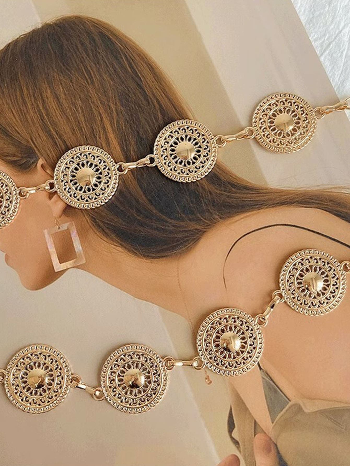 1pc Women's Gold Round Shape Cutout Metal Waist Chain, Matching Dress ...