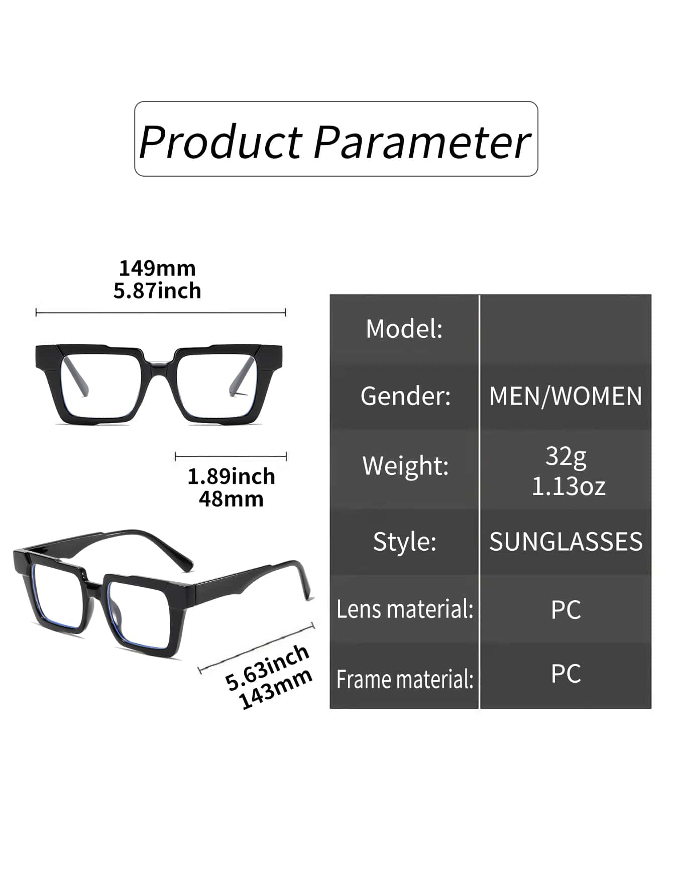 1pc Black Square Glasses Womens Decorative Plastic Frame Fashion Street Style Eyeglasses Clear
