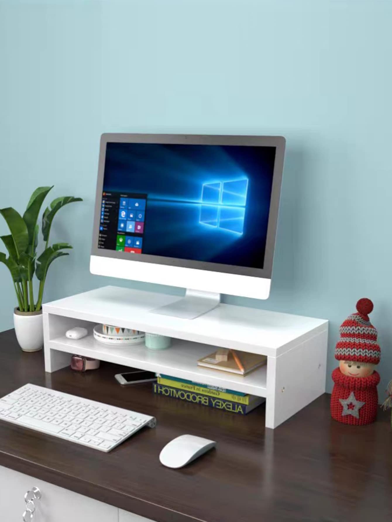 1pc White Desktop Organizer Stand With Drawer & Monitor Riser For ...