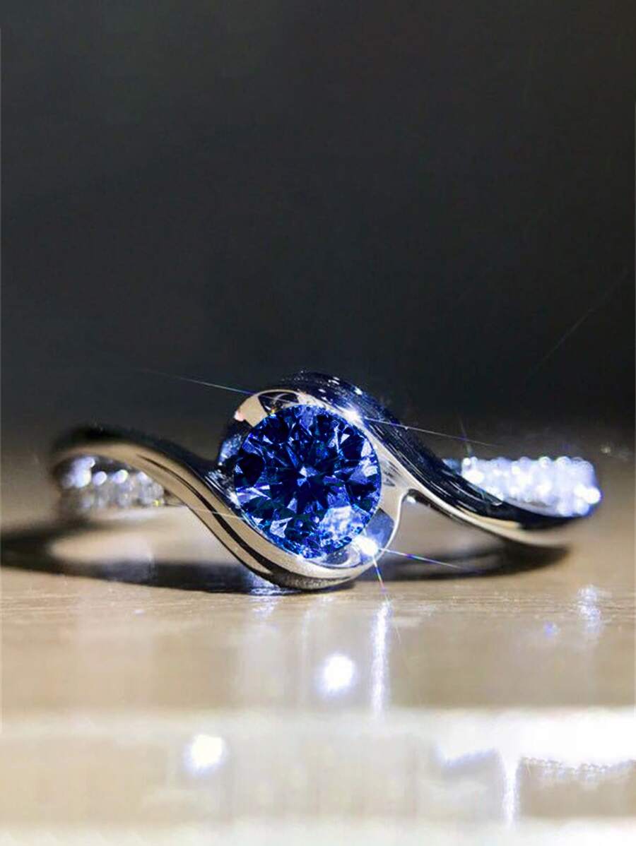 1 PC Elegant Blue Cubic Zirconia Ring For Women For Valentine's Day Gift Wedding Engagement ...