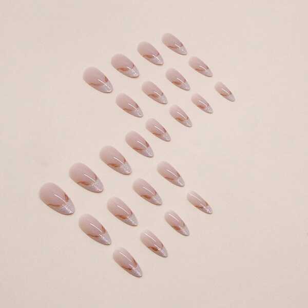 24pcs Almond Shaped French Style Pearlescent & Glitter Nail Tips, Sweet ...