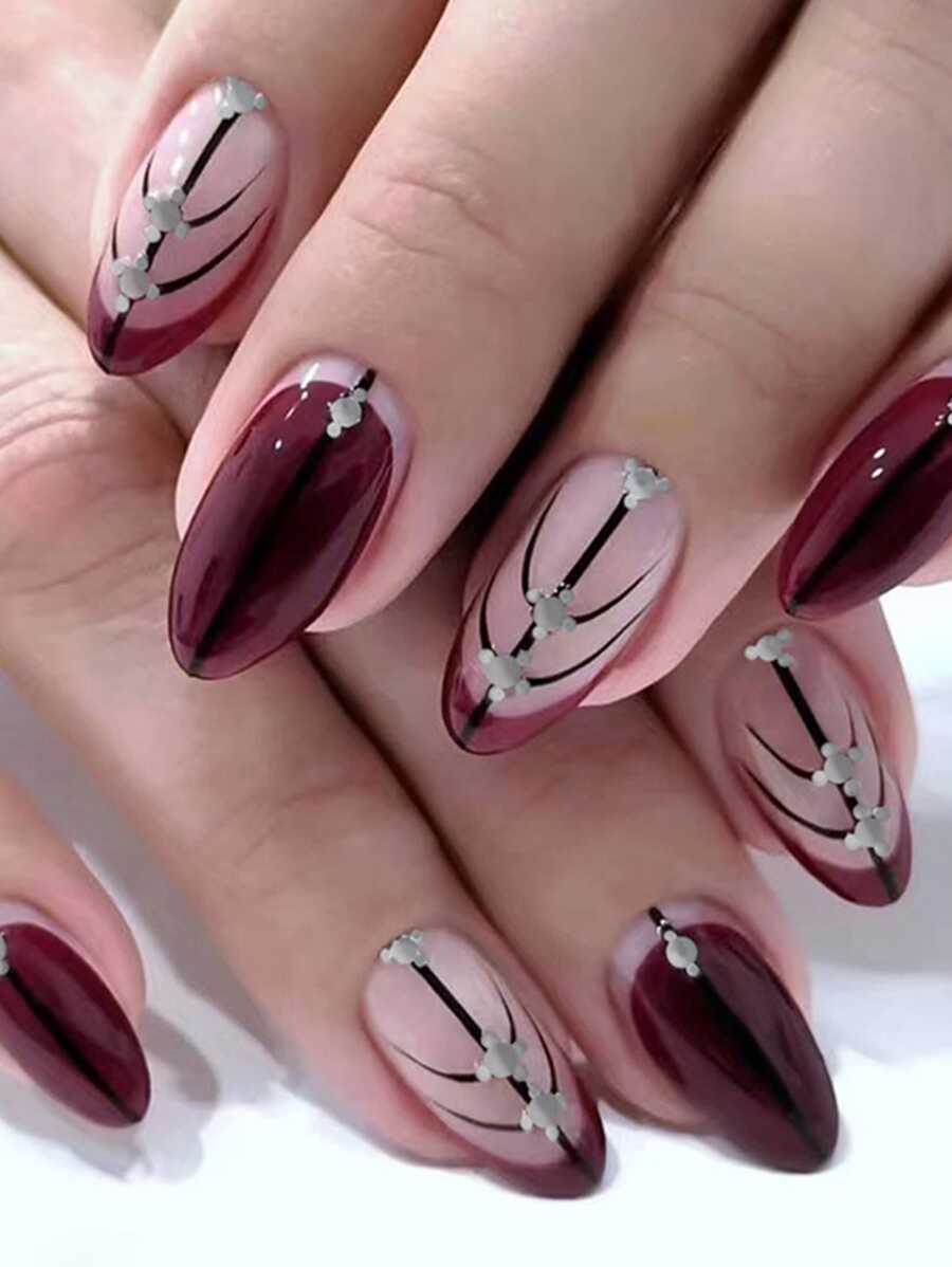 24pcs Long Elliptical-Shaped Black Inky Plum Nail Art Stickers Ins ...