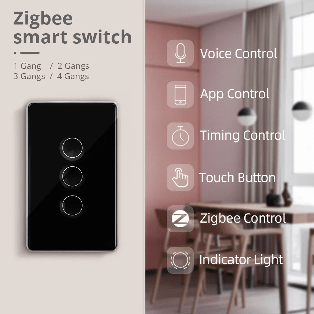 Zemismart Tuya Zigbee Black Wall Light Switch with Tempered Glass Touch ...