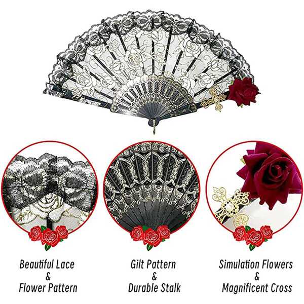 Black Lace & Rose Floral Folding Fan | SHEIN UK