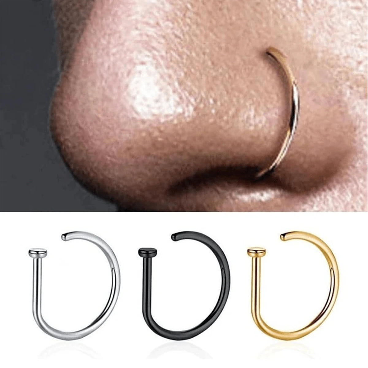 3pcs D-Shape Fake Nose Ring Nose Cuffs Clip On Nostril Jewelry ...