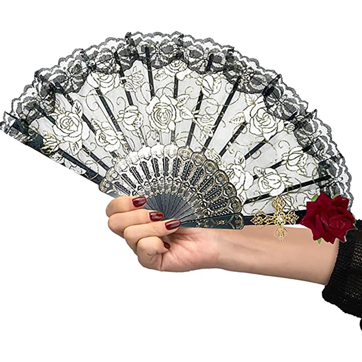 Black Lace & Rose Floral Folding Fan | SHEIN UK
