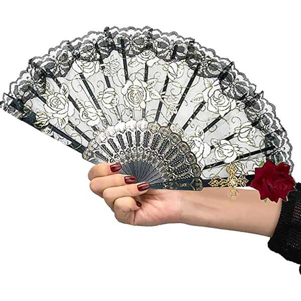 Black Lace & Rose Floral Folding Fan | SHEIN UK