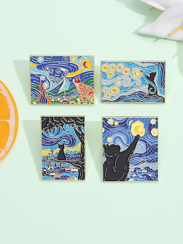 4pcs Starry Night Cats Enamel Pins Custom Van Gogh Oil Painting ...