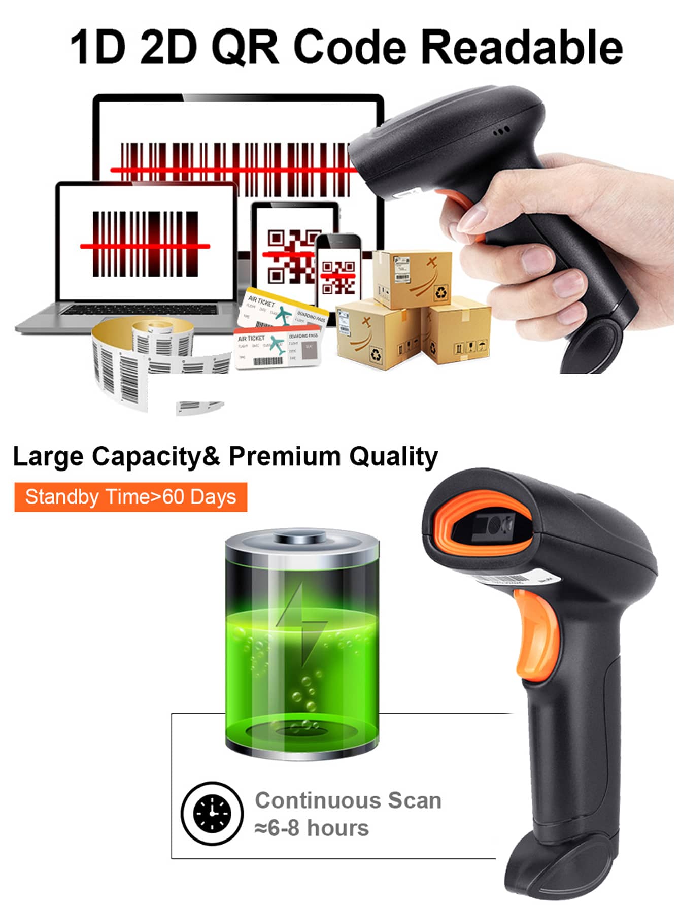 KEFAR Scanner de codes-barres portatif sans fil KR-H4WS, lecteur de codes QR 1D 2D avec support ...