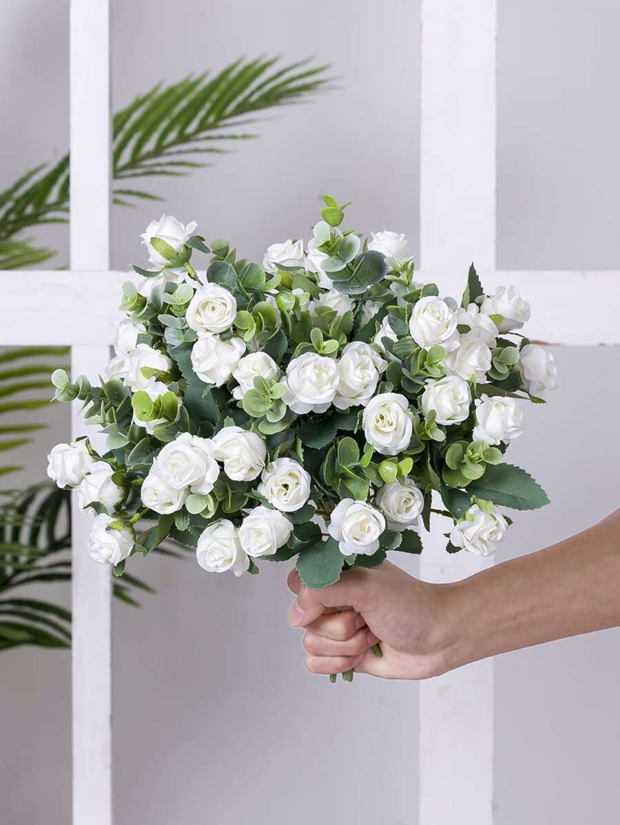 1pc Artificial Flower Bouquet With Eucalyptus, Silk Roses, White Wax ...