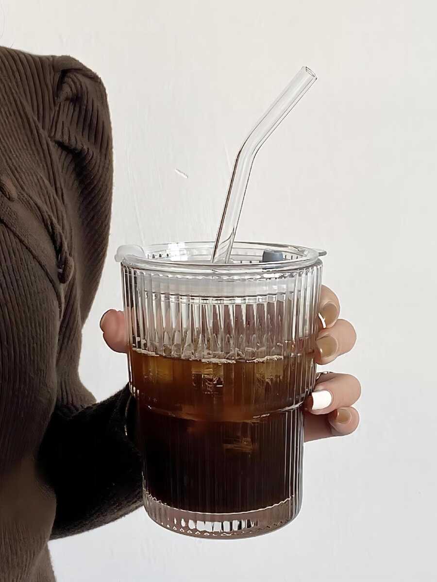 Striped Glass Iced Coffee Cup To Go Cup With Lid And Striped Straw For ...