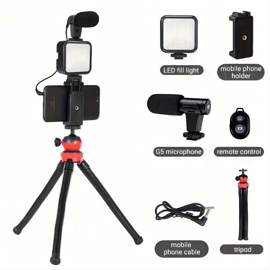 Smartphone Video Recording Kit With Led Light, Phone Clamp, Microphone ...
