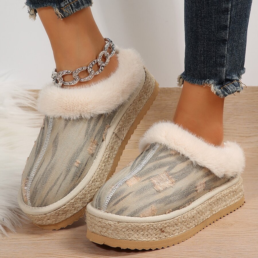 Women's Closed-toe Slippers, Autumn Winter, With Fur Lining, Thick Sole ...