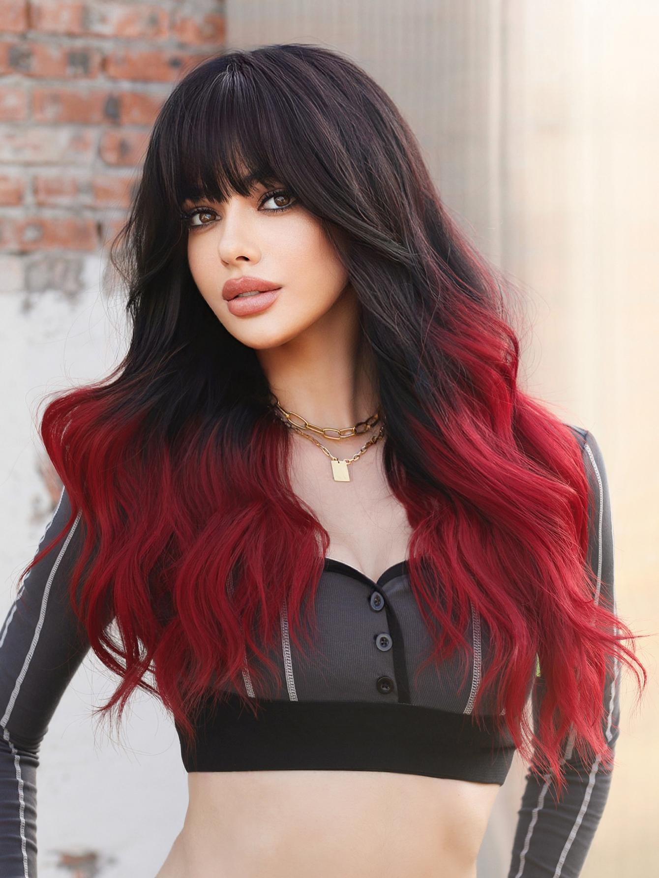 Ombre Burgundy Red Black Wigs For Women 24 Inches Synthetic Long Curly ...