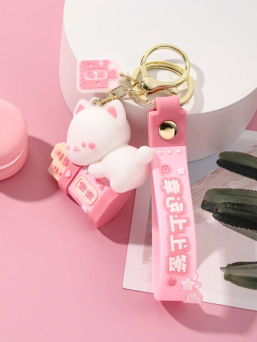 Cute Ladies' Fashionable Pink Lucky Cat Cartoon Doll Keychain With ...