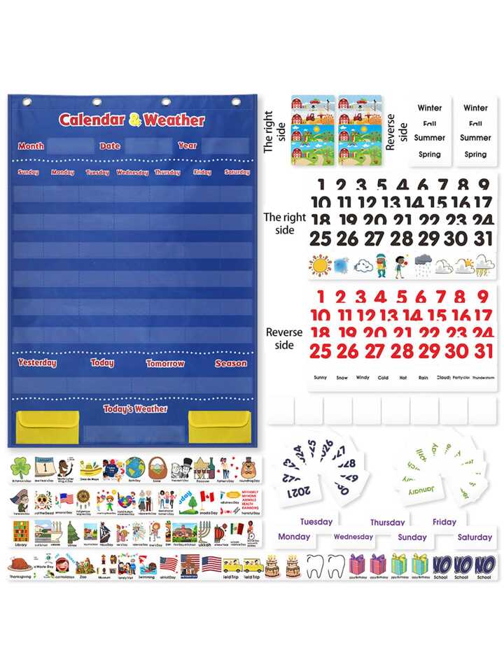Weather Calendar With Pocket Chart And Cards, Educational Learning Kit ...