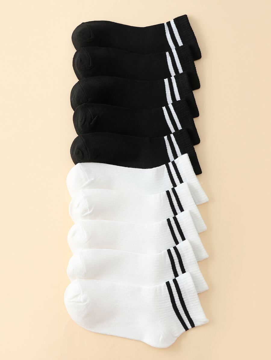 10 Pairs Women Korean Style Casual Black & White Striped Short Socks ...