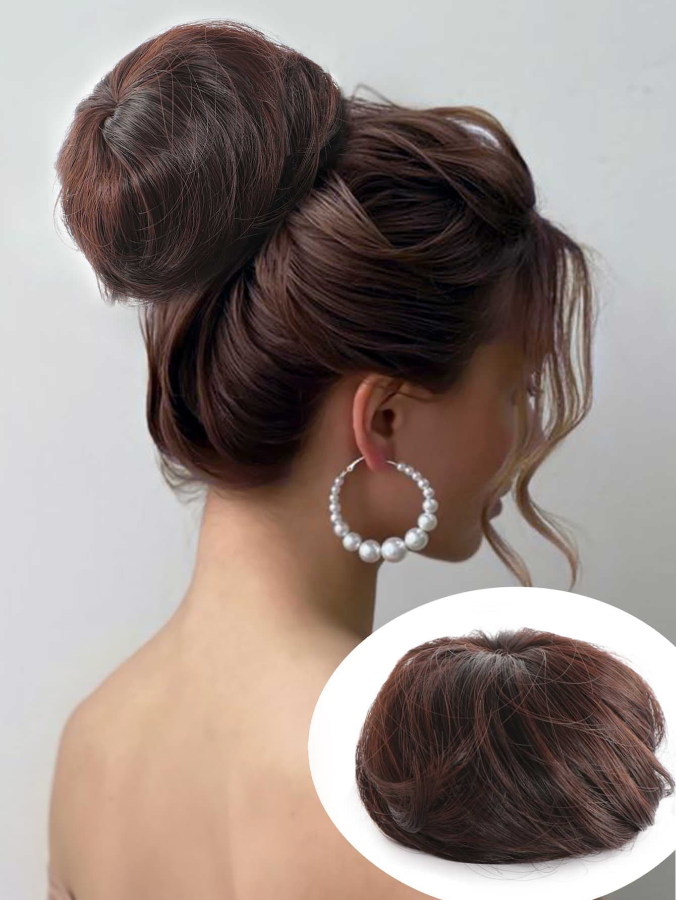 Dark Brown Straight Chignon Donut Bun Hair for Girls 3 inch Drawstring ...