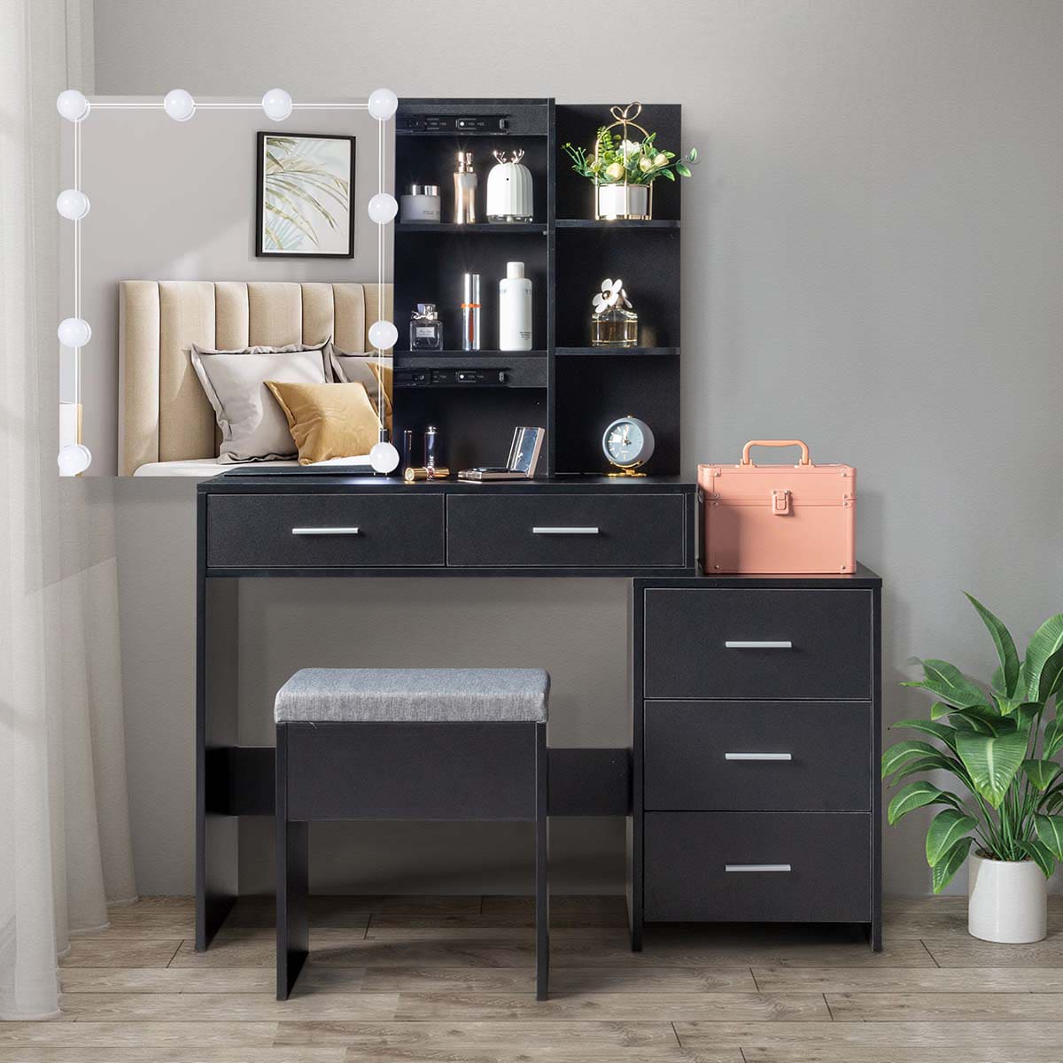 43" W Vanity Desk, Vanity Mirror with Lights and Table Set with 5 ...