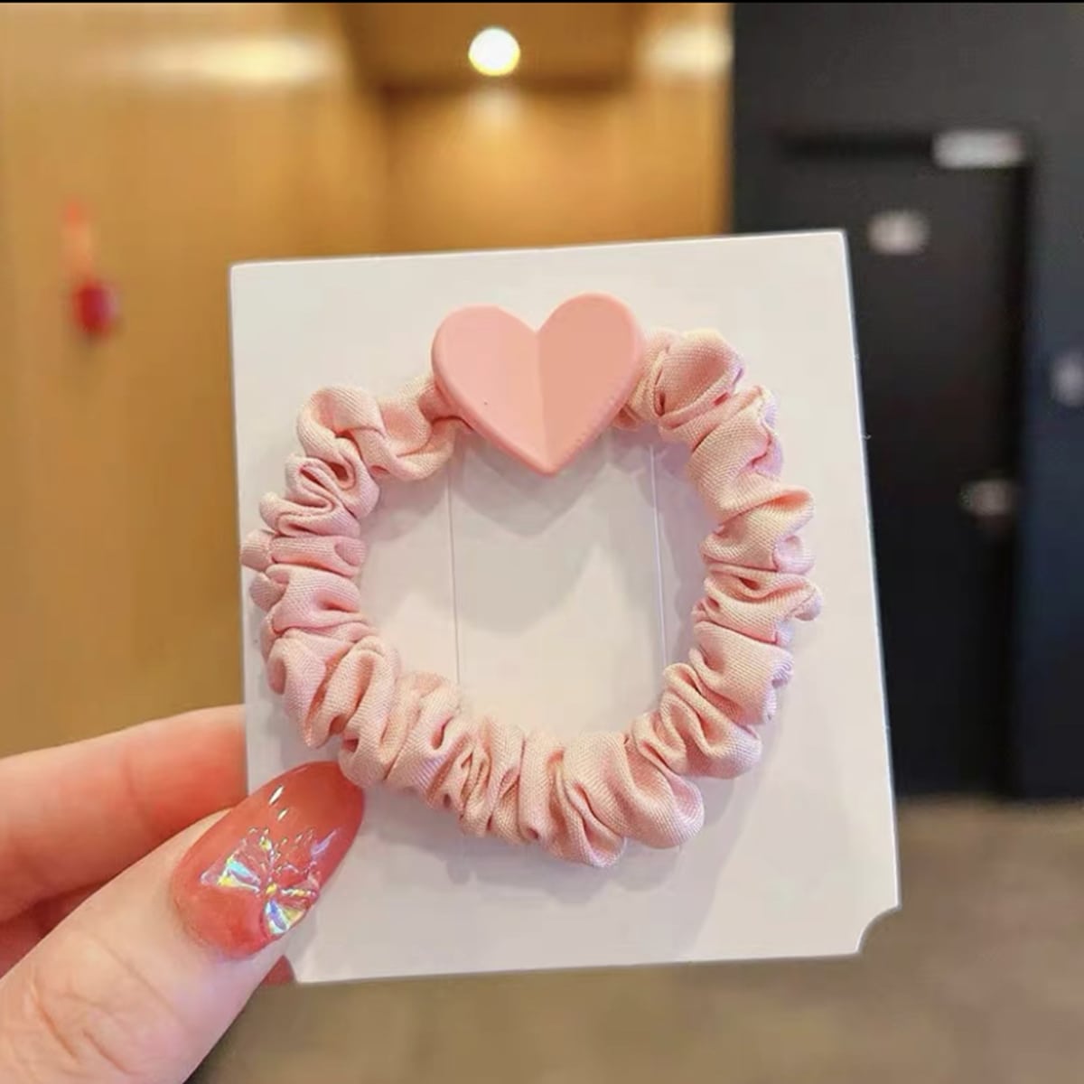 1pc Women's Pink Heart Shaped Polyester Scrunchie Hair Tie, Elastic ...