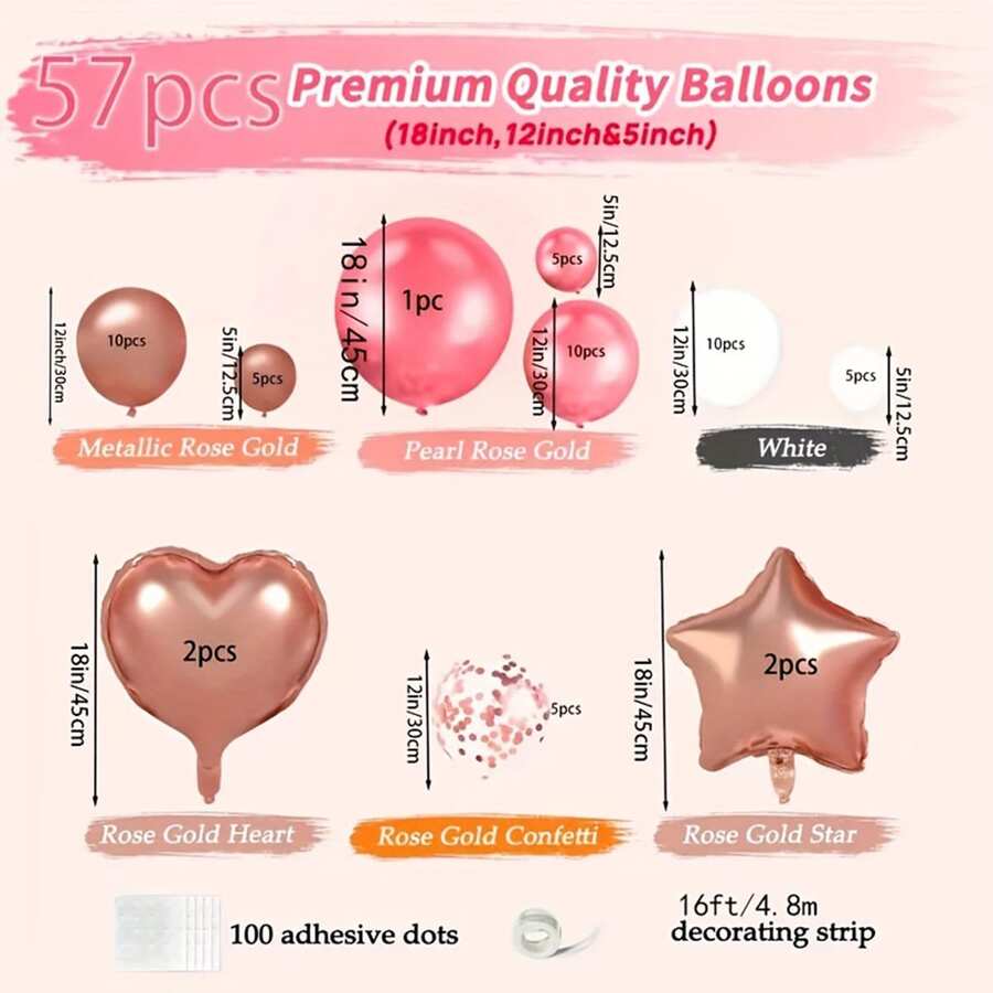 57pcs Set 5 12 18inch Pink And Rose Gold And White Confetti Balloons Arch