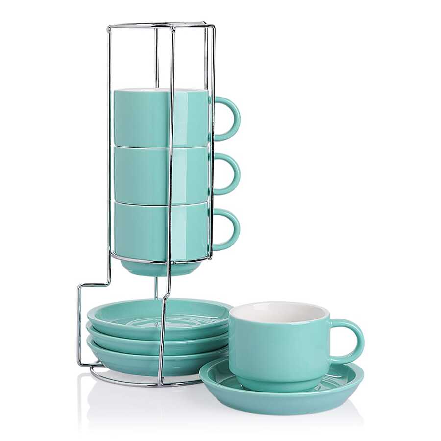 Sweejar Porcelain Cappuccino Cups With Saucers And Metal Stand, 8 Ounce ...