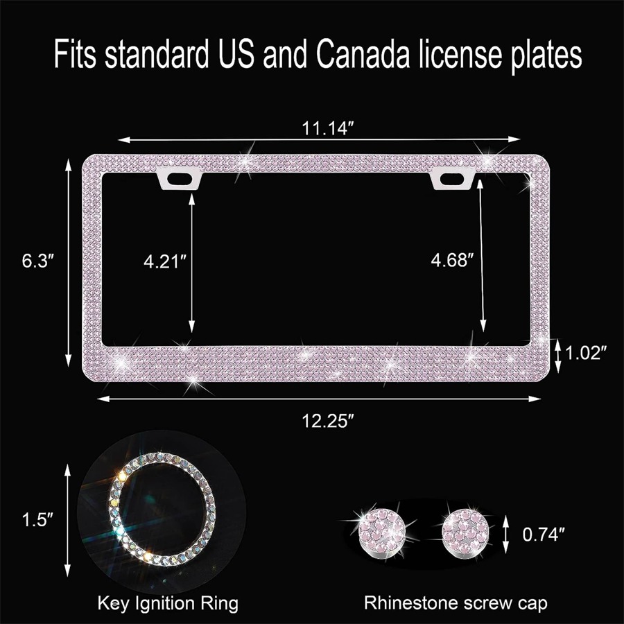 Cute Pink Sparkling Glass License Plate Frame With 2 Stainless Steel ...