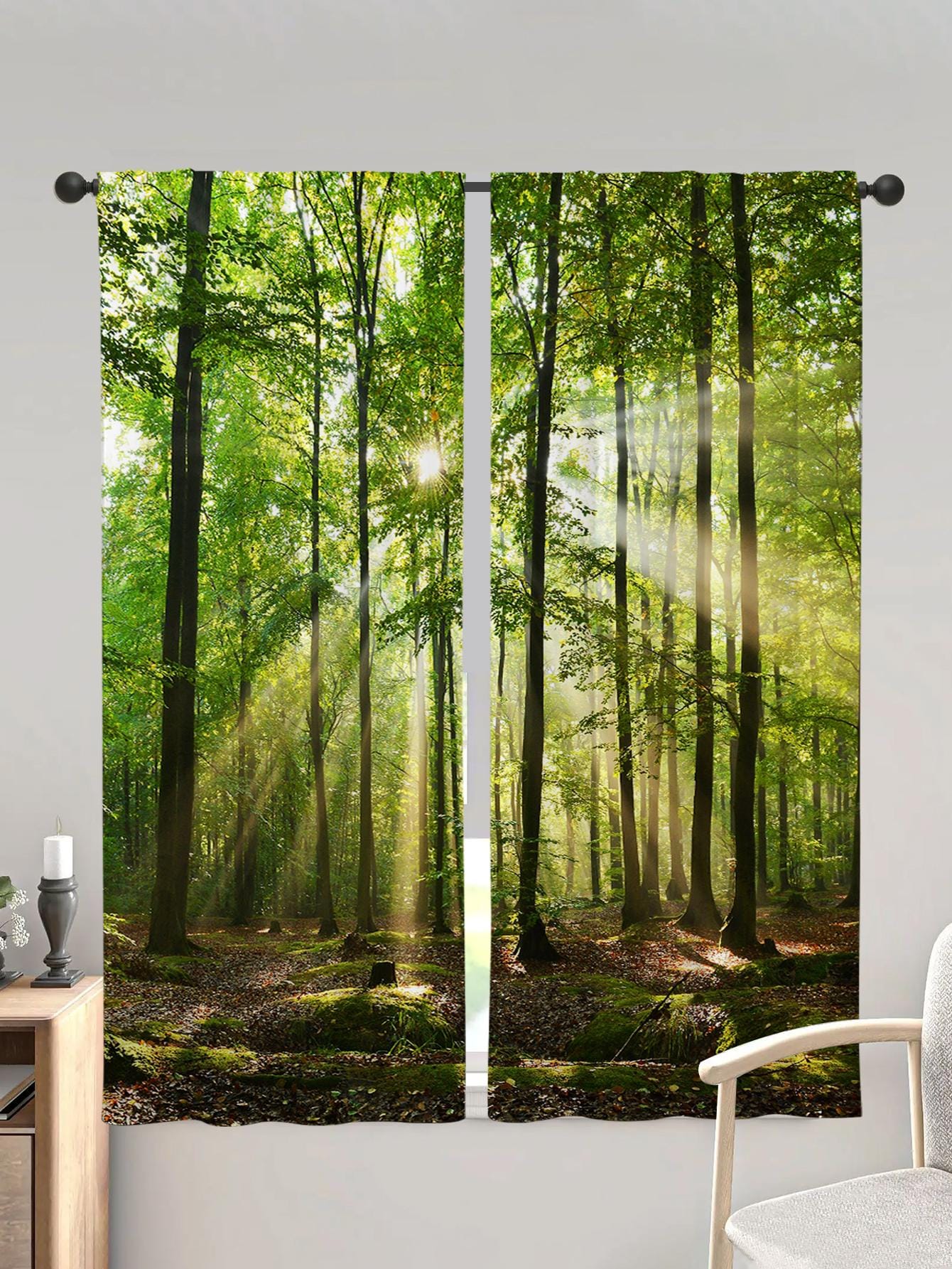2pcs Forest Sunshine Curtains,Without Holes Curtain, Refer To Bedroom ...