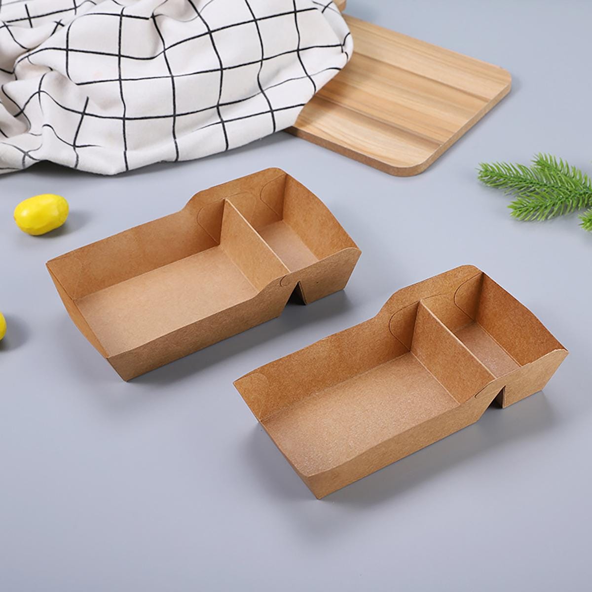 5pcs Disposable Paper Snack Tray, Double Grid Takeaway Box With Cowhide ...