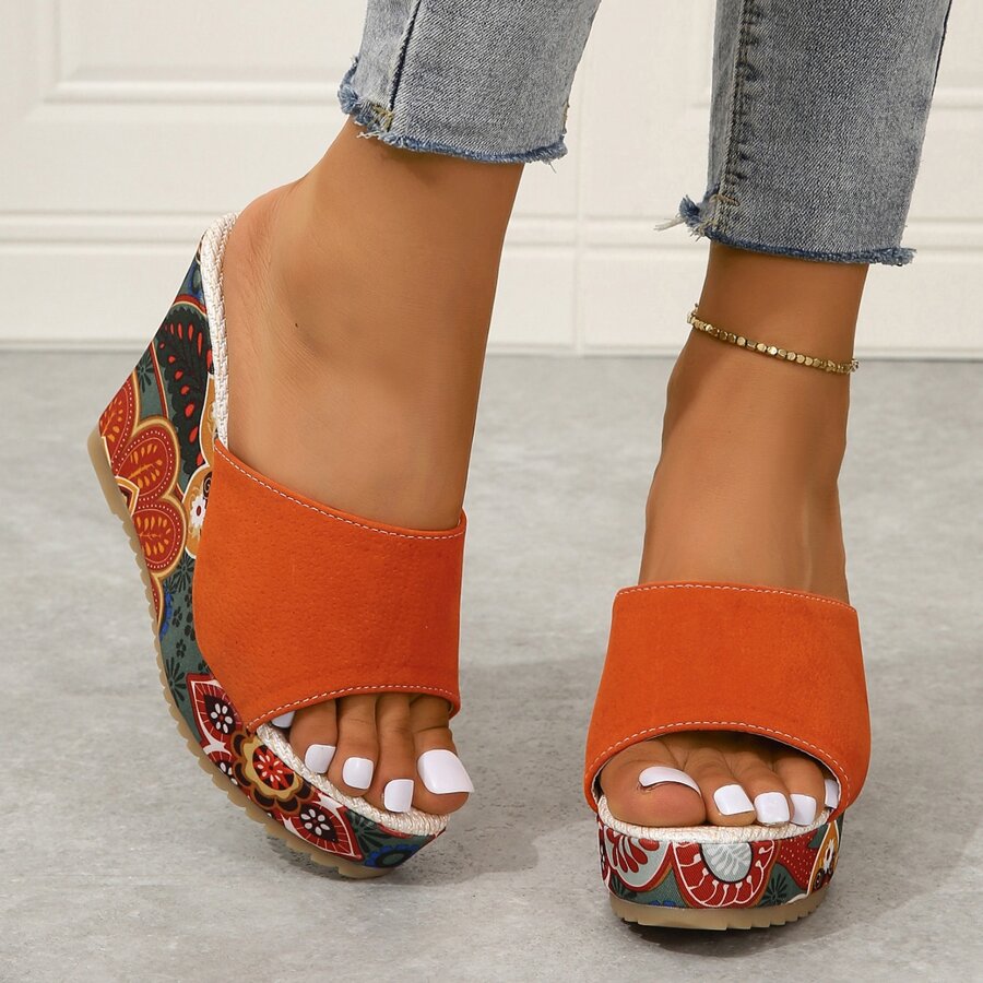 Women's Thick Bottom Wedge Heel Slippers With Flower Pattern, Chunky ...