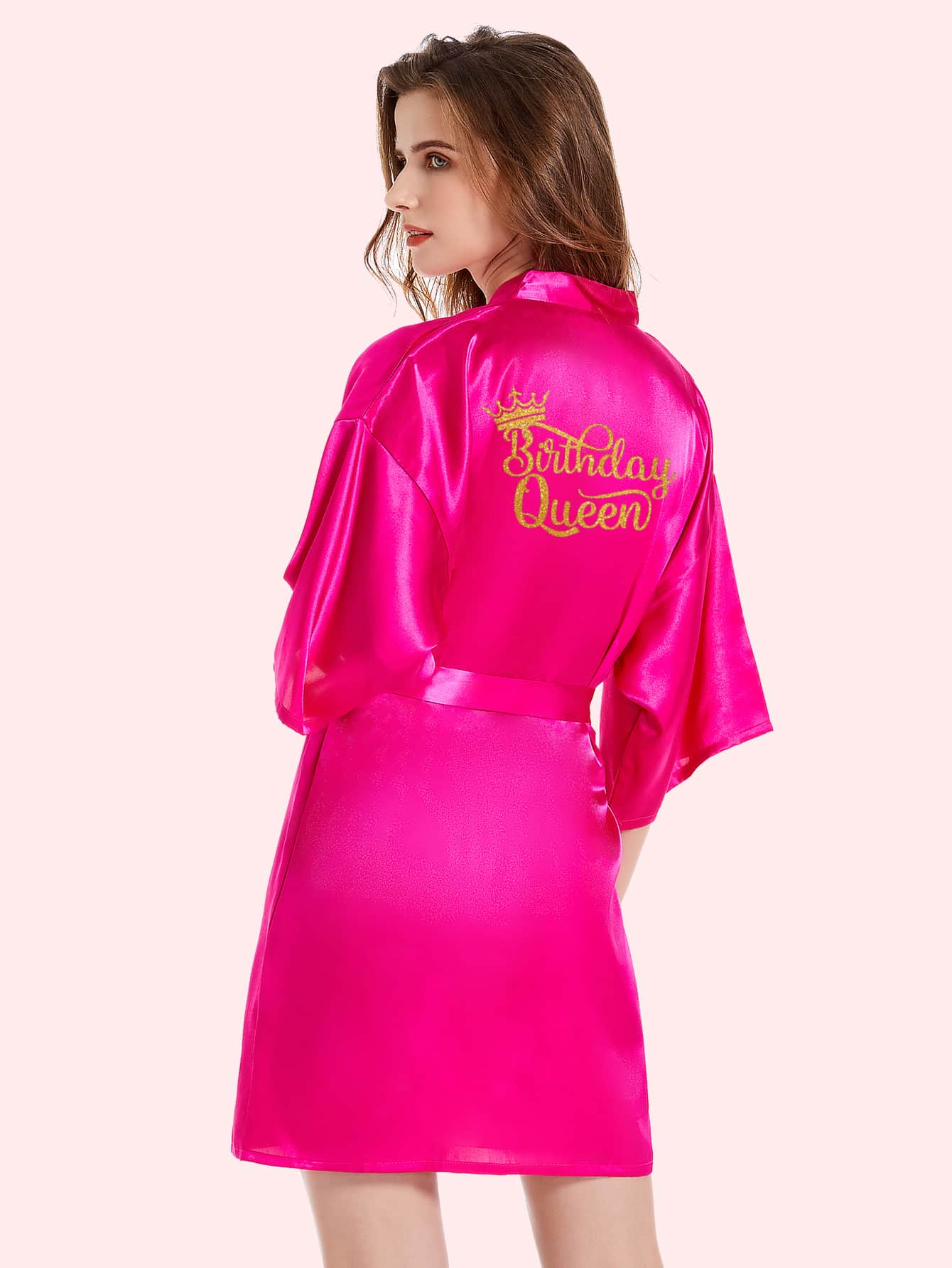 Birthday Queen Gold Foil Print Imitation Silk Short Kimono Style Robe ...