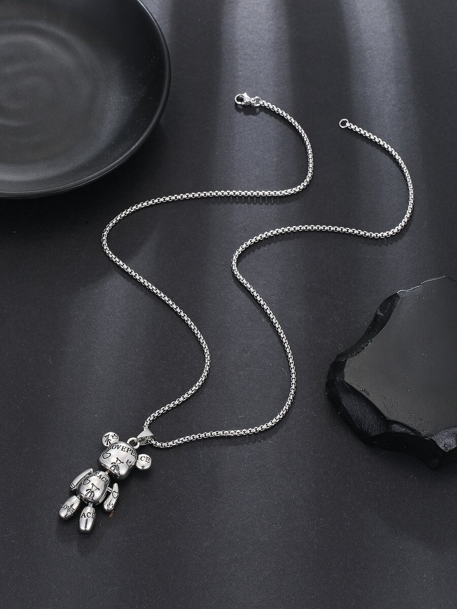 1pc+ Mens Hip Hop Style Printed Bear Pendant Necklace, Unisex Long ...