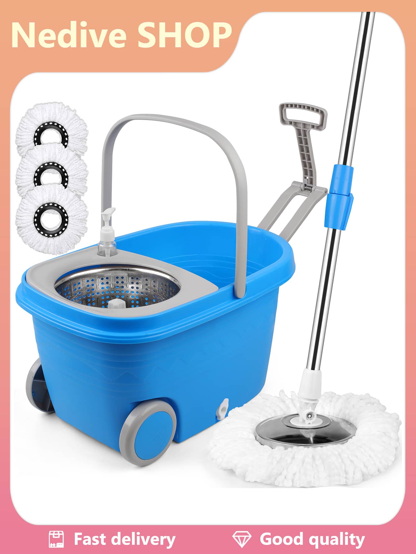Mop and Bucket Set, 360° Spin Mop and Bucket with Wringer Set on Wheels ...