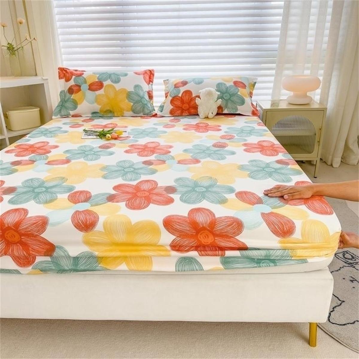 1pc Printed Fitted Sheet Thick Flannelette Anti-slip Bed Cover With ...