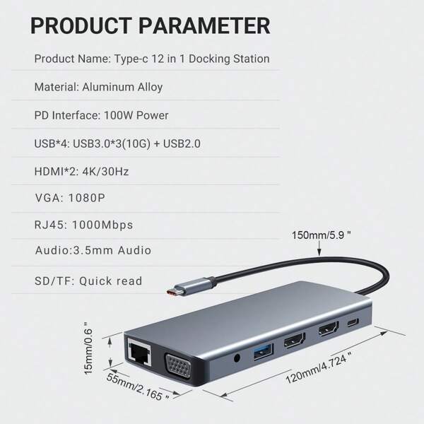 12 in 1 USB C Hub Laptop Docking Station USB Type C Dock with 4K Dual ...