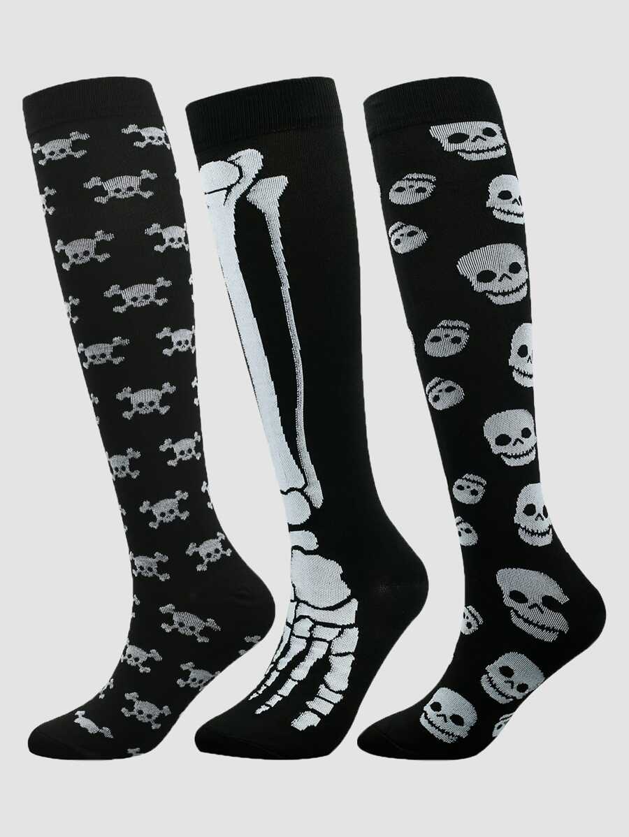 3pairs/pack Full Print Skull Pattern Over-the-calf Compression Socks ...