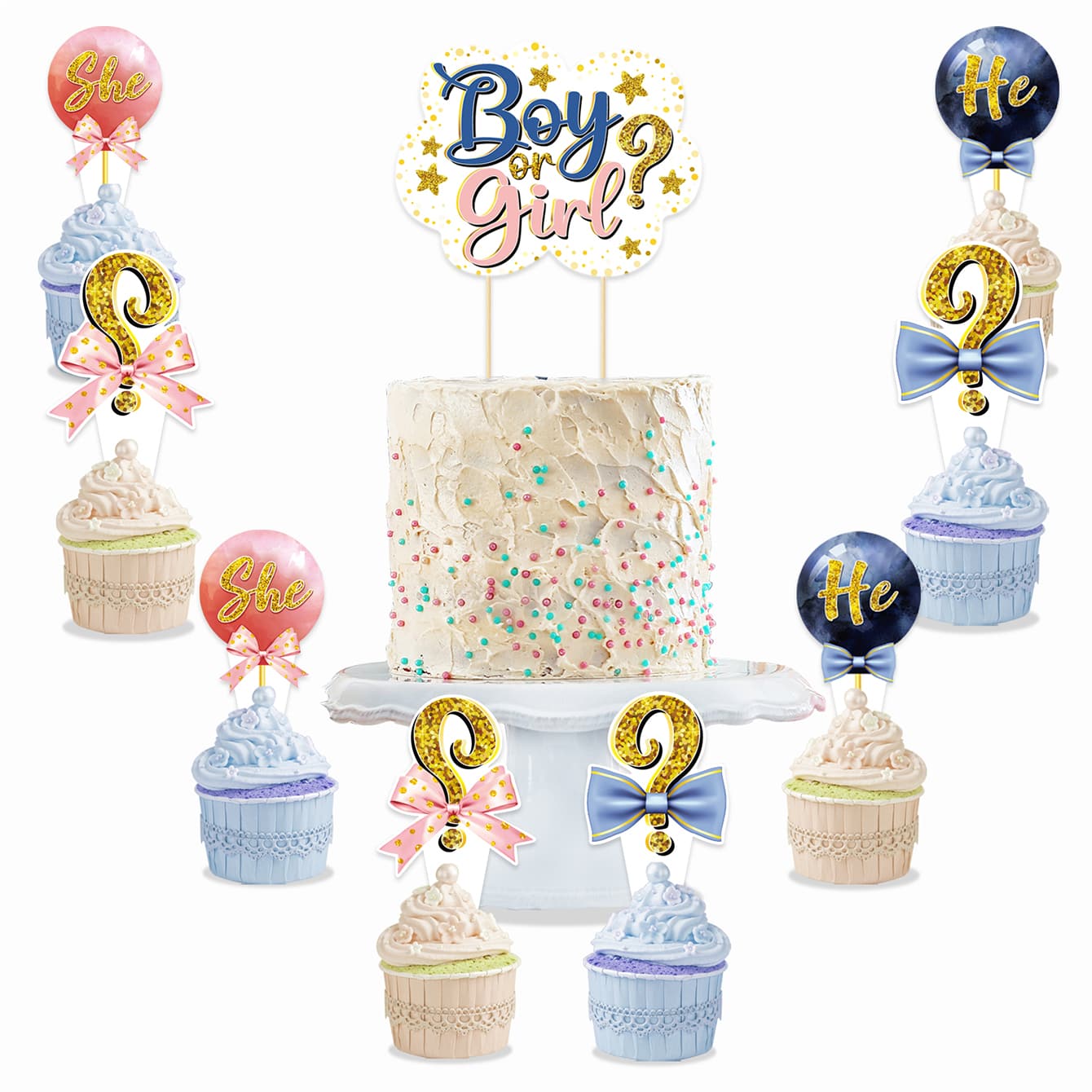41 Pieces Gender Reveal Cupcake Toppers Boy or Girl Cake Topper Navy ...