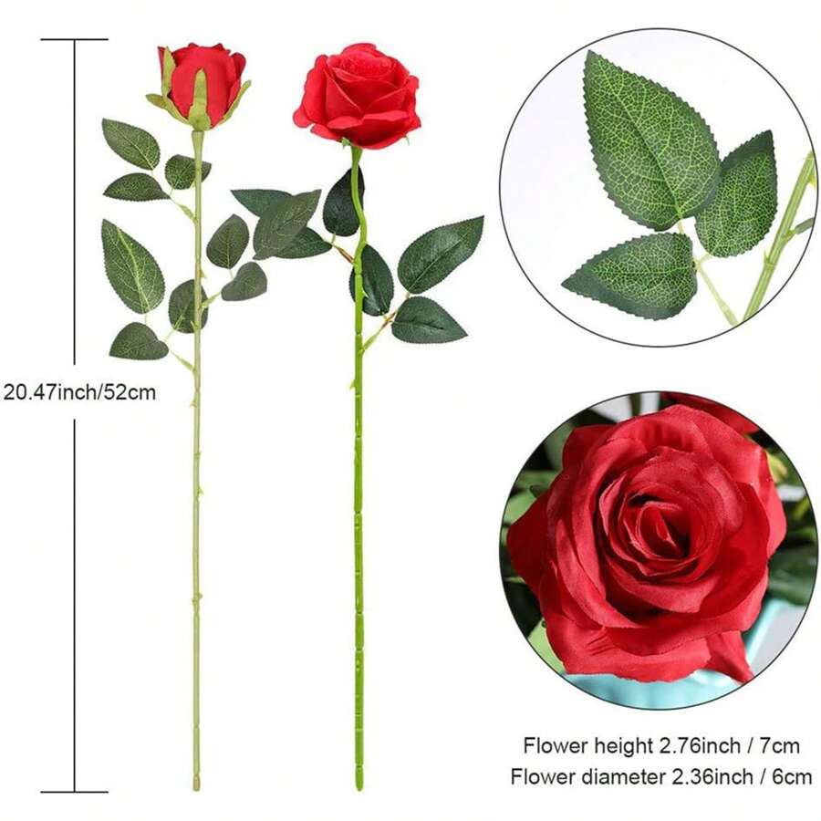 12 Pcs Artificial Silk Flowers Realistic Red Roses Bouquet Long Stem ...