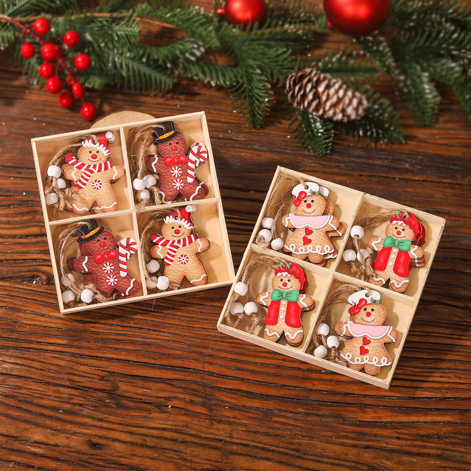 12pcs Christmas Theme Wooden Cartoon Gingerbread Man Couple Ornaments ...